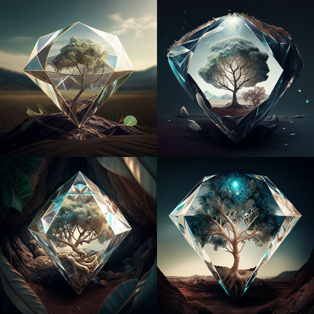 Putting an object in another in MidJourney. A tree in a diamond. - Prompt Hero.Ai