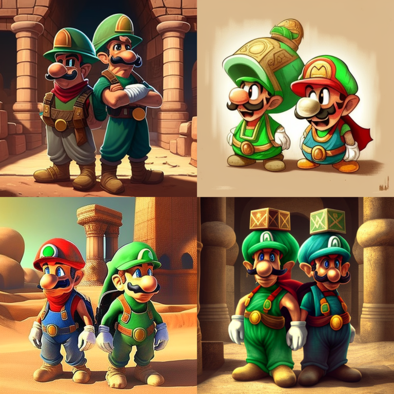 Mario and Luigi in different time periods. Made with MidJourney ...