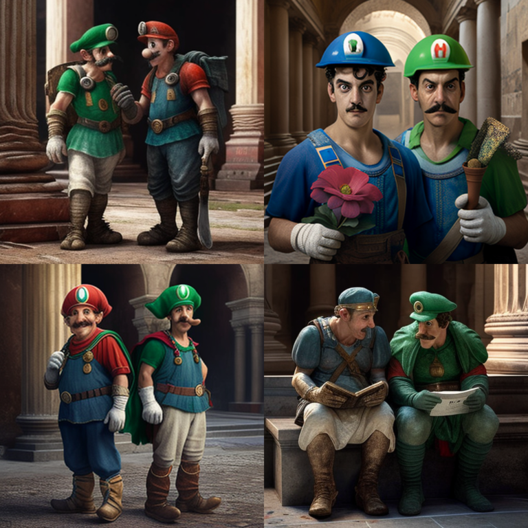 Mario and Luigi in different time periods. Made with MidJourney ...