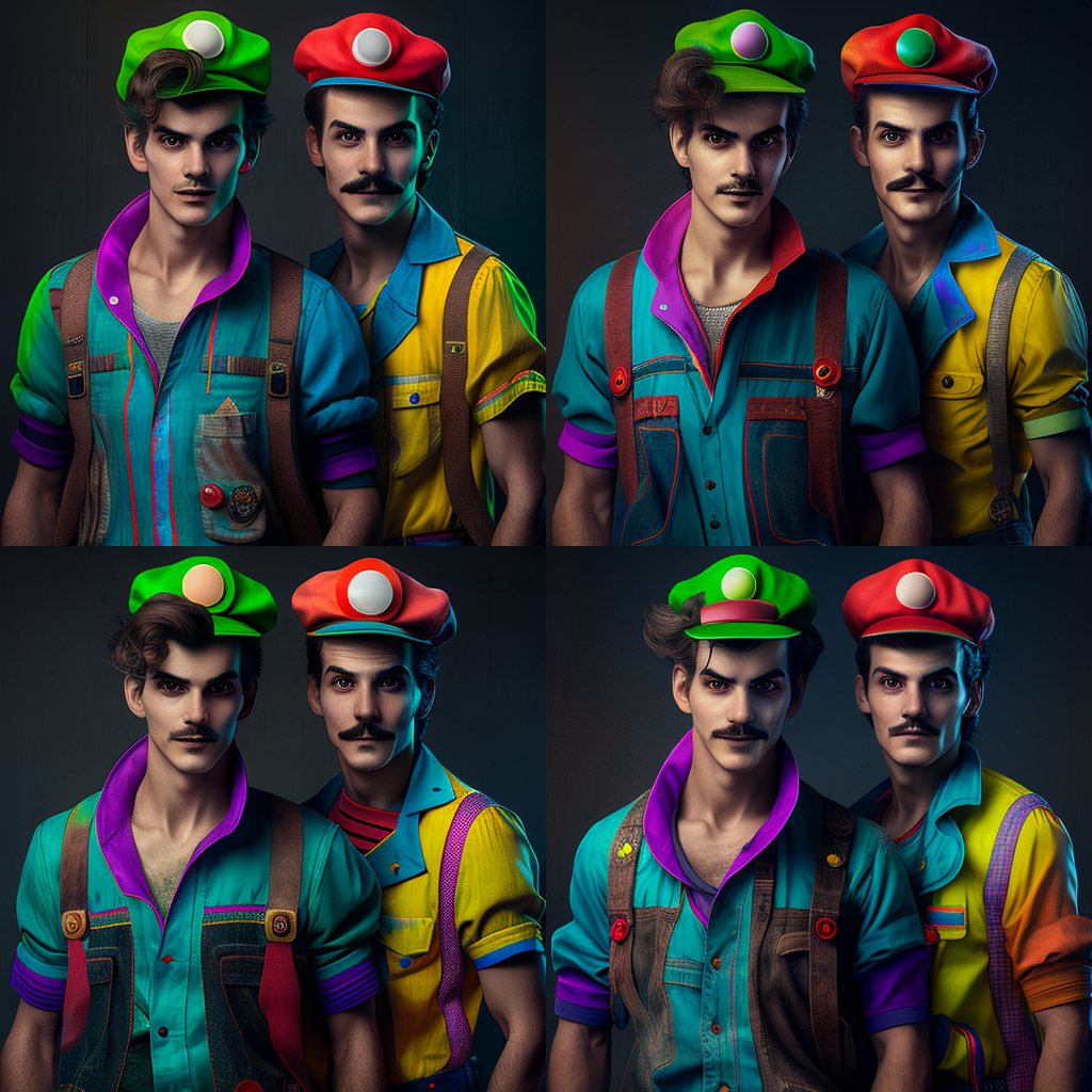 Mario and Luigi in different time periods. Made with MidJourney ...