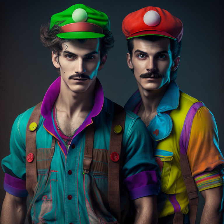 Mario and Luigi in different time periods. Made with MidJourney ...