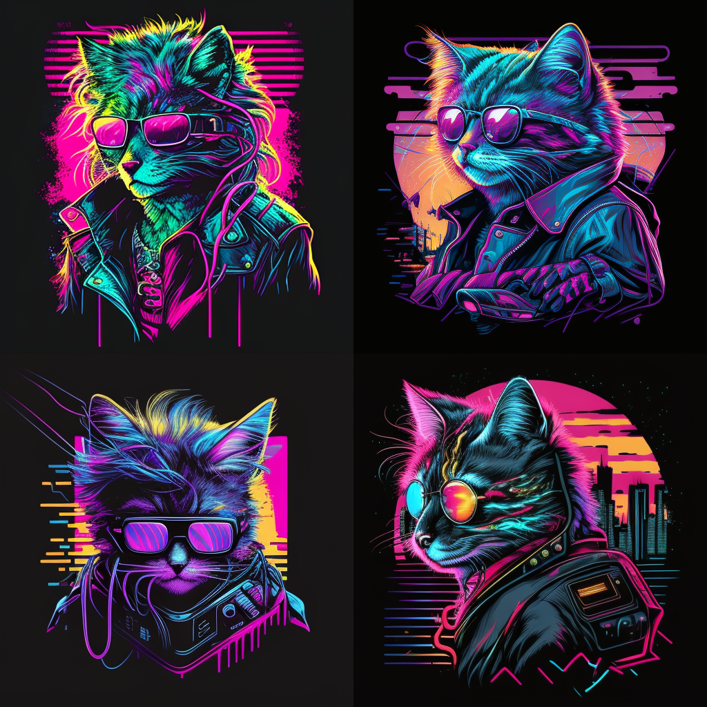 How to make a Synthwave T-Shirt design of a cat in MidJourney - Prompt ...